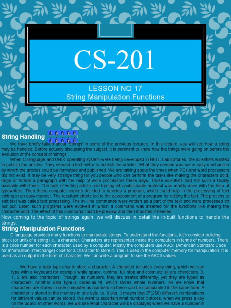Lesson No 17 String Manipulation Functions Download Free Pdf Data Type Pointer Computer