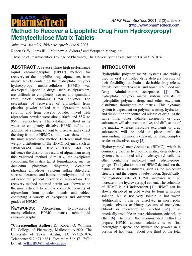 Method To Recover A Lipophilic Drug From Hydroxypropyl Methylcellulose ...