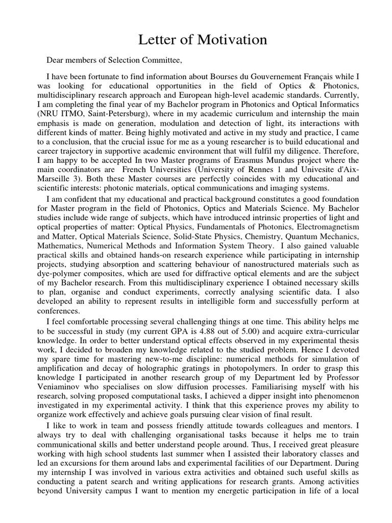 Free Sample Motivation Letter | PDF | Optics | Photonics