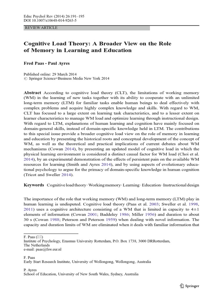 Cognitive Load Theory, A Broader View On The Role of Memory in Learning ...