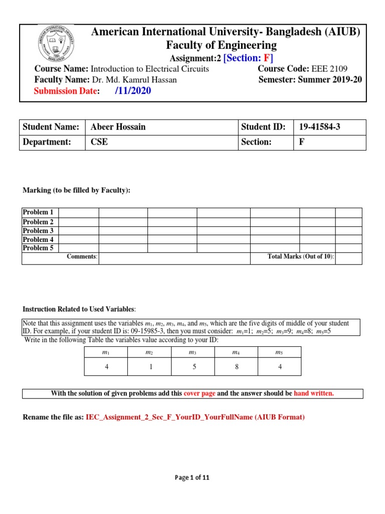 AIUB EEE Assignment Cover Page | PDF | Electrical Network | Electrical ...