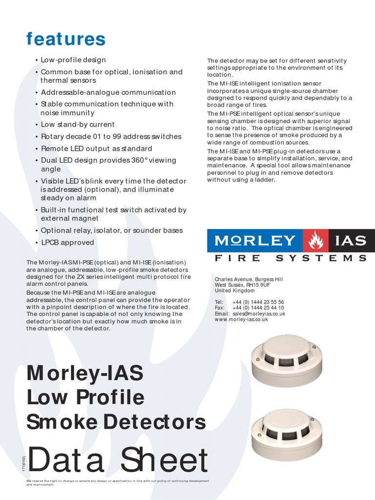 Morley Low Profile Addressable Smoke Detector | PDF | Sensor | Equipment