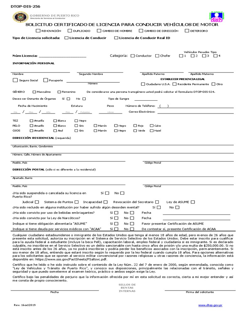 DTOP-DIS-256 Solicitud para Certificado de Licencia para Conducir ...