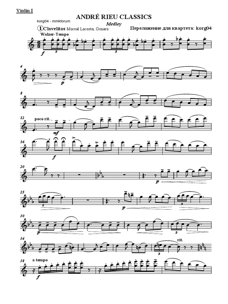 Andre Rieu Classics-medley-квартет Violin i | PDF | Notation musicale ...