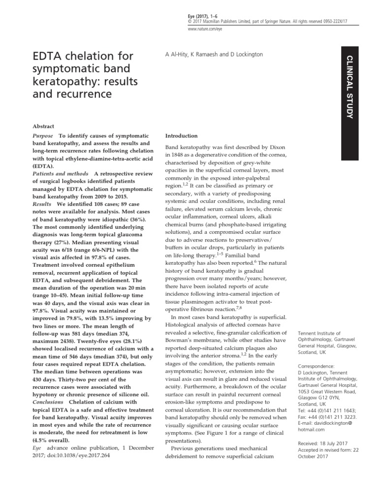 EDTA Chelation For Symptomatic Band Keratopathy: Results and Recurrence ...