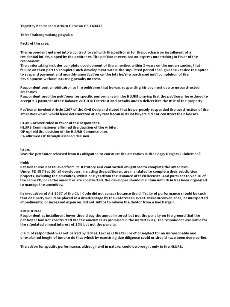 Tagaytay Realty v Gacutan: Amenity Dispute | PDF | Legal Concepts ...