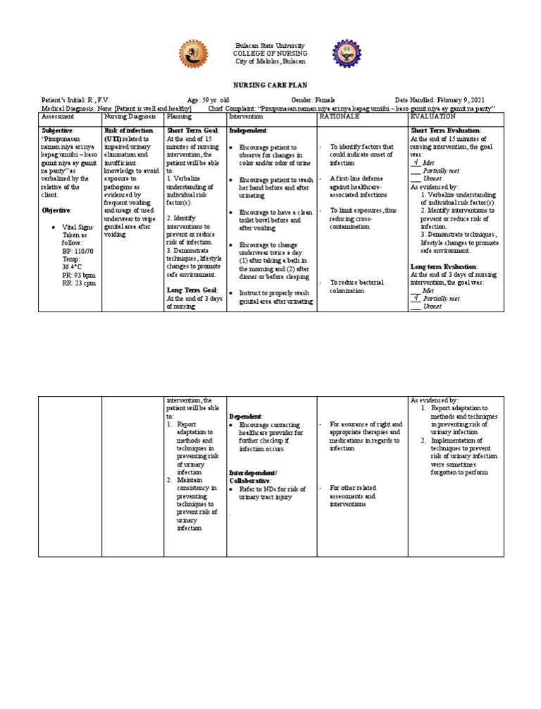 NCP Risk of Infection UTI | PDF | Urinary Tract Infection | Urination