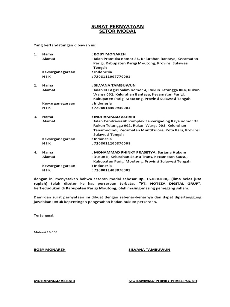 KH 090221 - Surat Pernyataan Setor Modal PT. NOTEZA DIGITAL GRUP | PDF