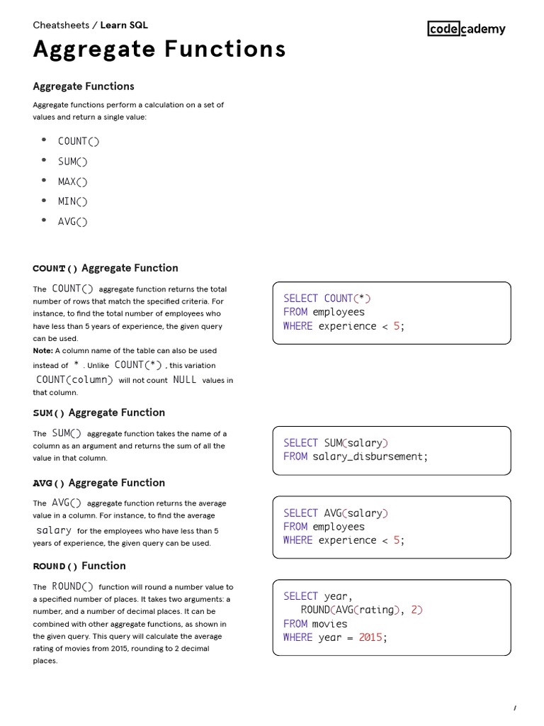 Learn Sql Aggregate Functions Cheatsheet Codecademy Pdf Computer Programming Computer Data