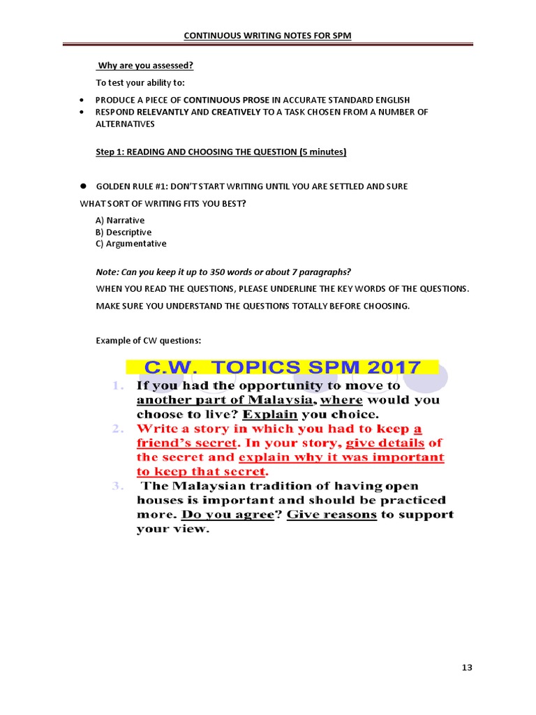 Continuous Writing Notes For SPM | PDF | Essays | Question