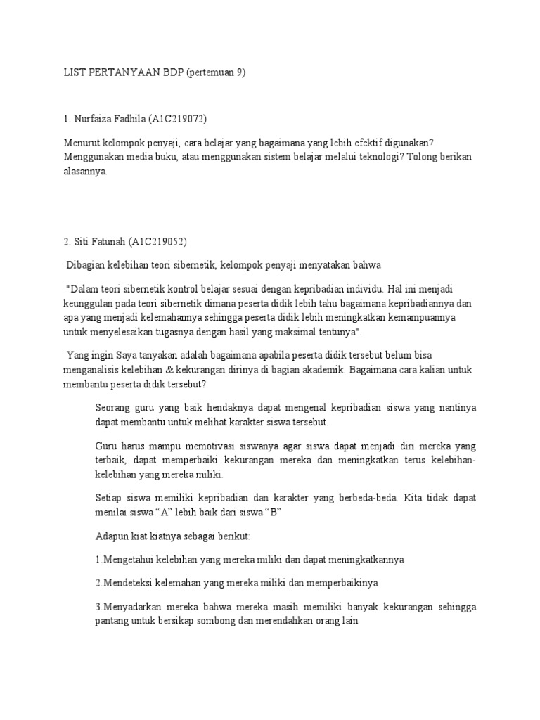List Pertanyaan BDP | PDF