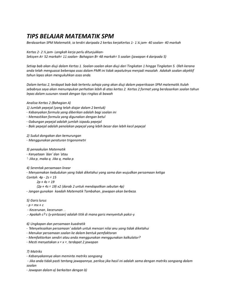 Tips Belajar Matematik SPM | PDF