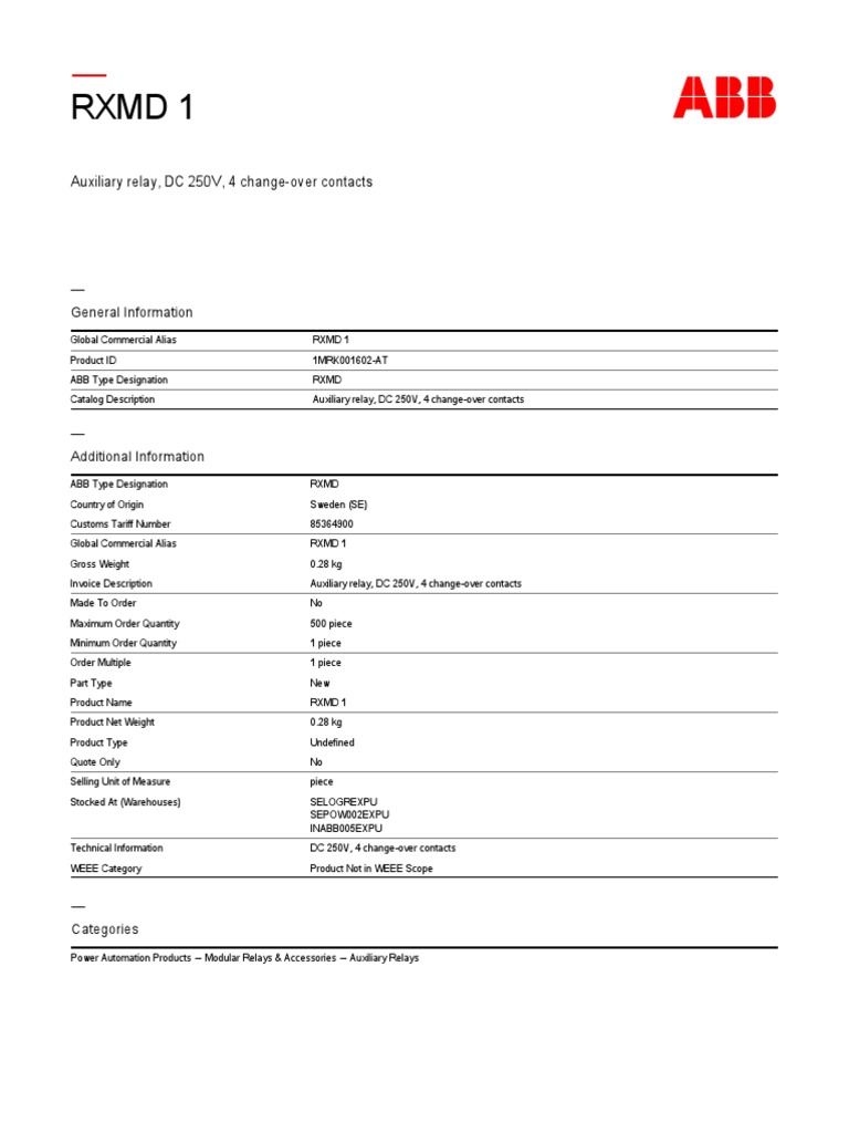 1MRK001602 at Auxiliary Relay DC 250v 4 Change Over Contacts | PDF