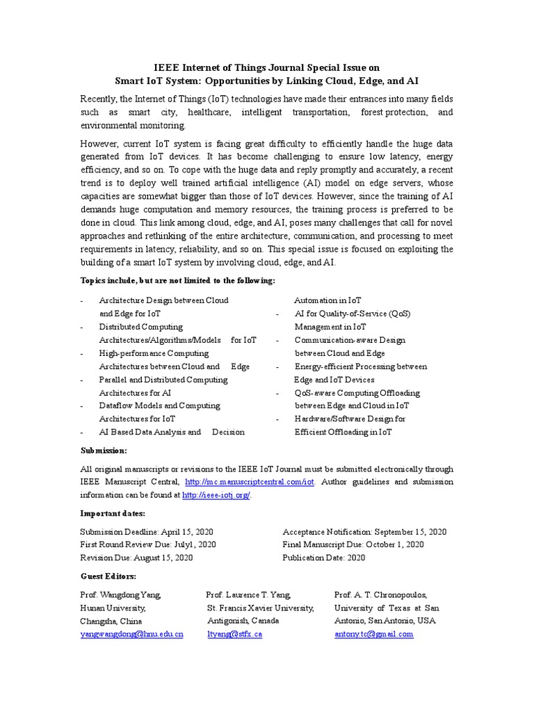 Ieee Internet of Things Journal Special Issue On Smart Iot System ...