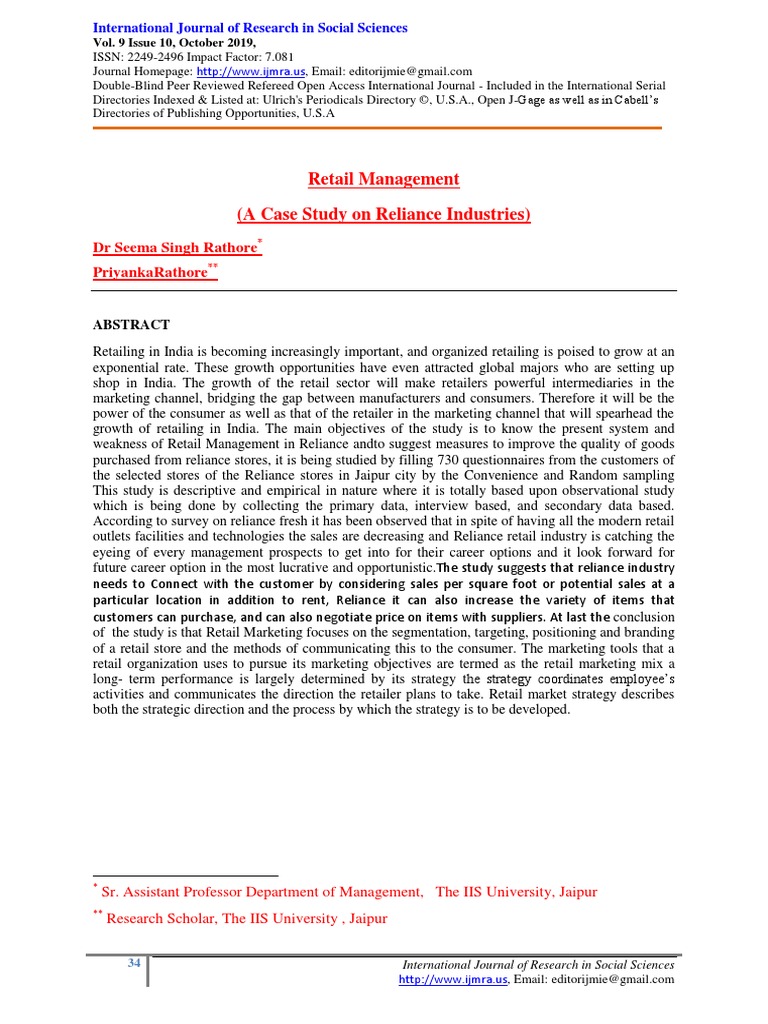Retail Management (A Case Study On Reliance Industries) : DR Seema ...