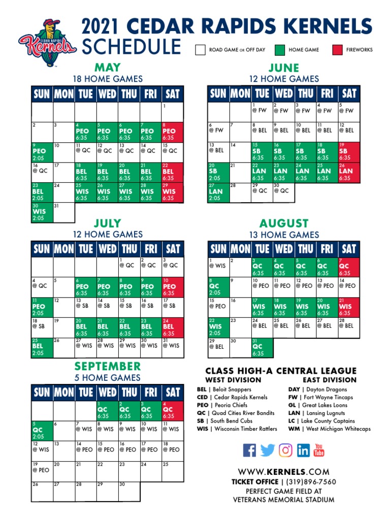 2021 Kernels Schedule | PDF | Major League Baseball Teams | Major ...