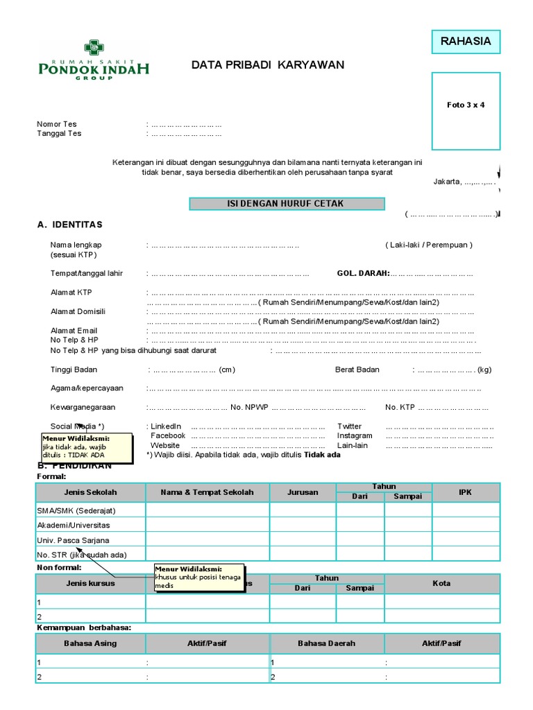 Form Biodata Karyawan RSPI (Update 2020) 4 Lembar | PDF