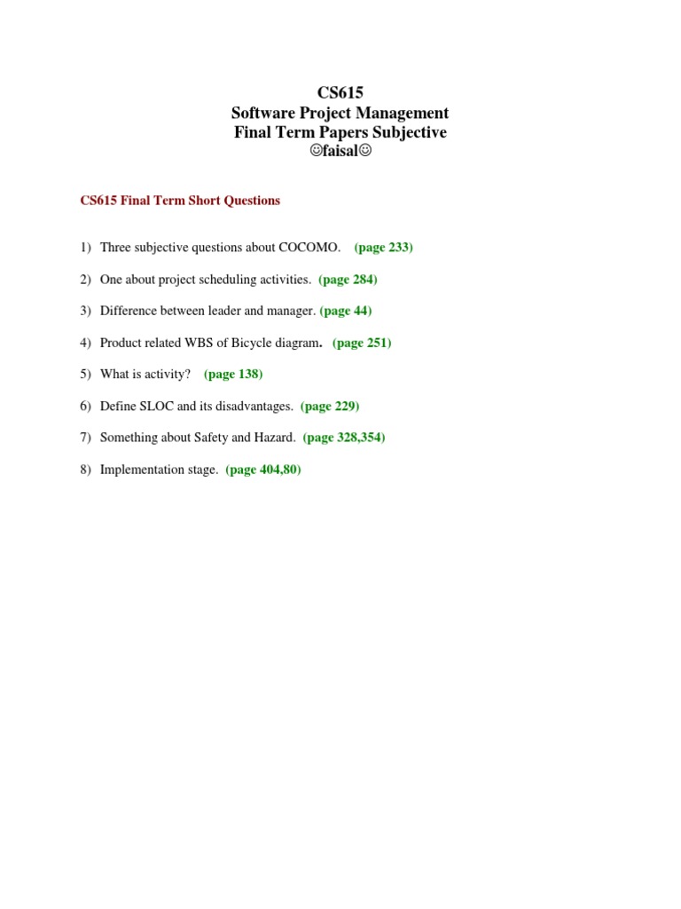 CS615 Software Project Management Final Term Papers Subjective | PDF | Prototype | Project ...