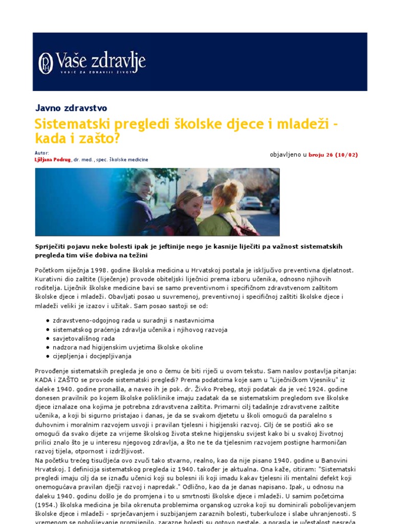 Vaše Zdravlje - Pregled Clanka - Sistematski Pregledi Školske Djece I Mladeži - Kada I Zašto | PDF