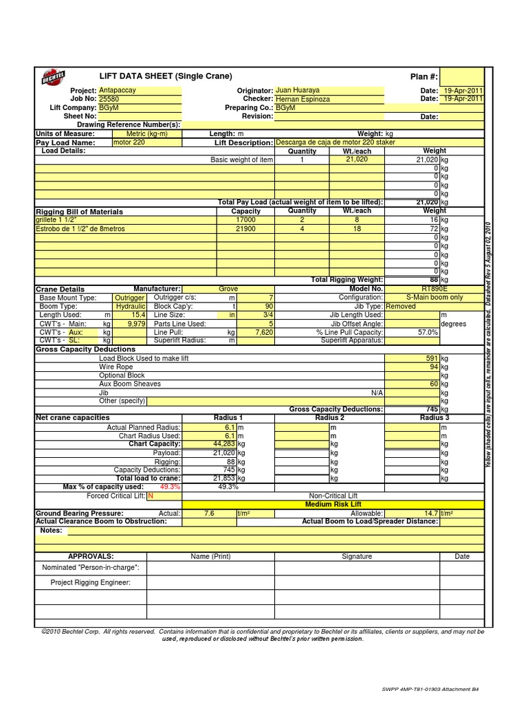 Plan #: LIFT DATA SHEET (Single Crane) : Pay Load Name: Lift ...