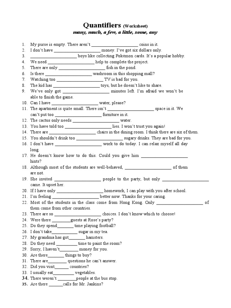 Quantifiers Many Much A Few A Little Some Any 2 Grammar Drills 98297 ...