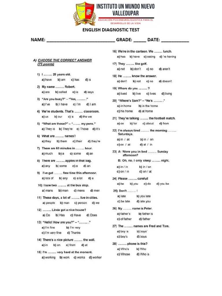 English Diagnostic Test PDF | PDF