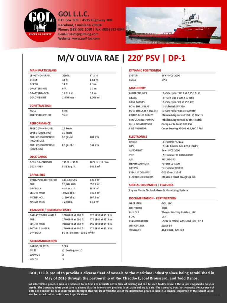 M/V Olivia Rae - : 220' PSV - DP-1 | PDF | Ships | Water Transport