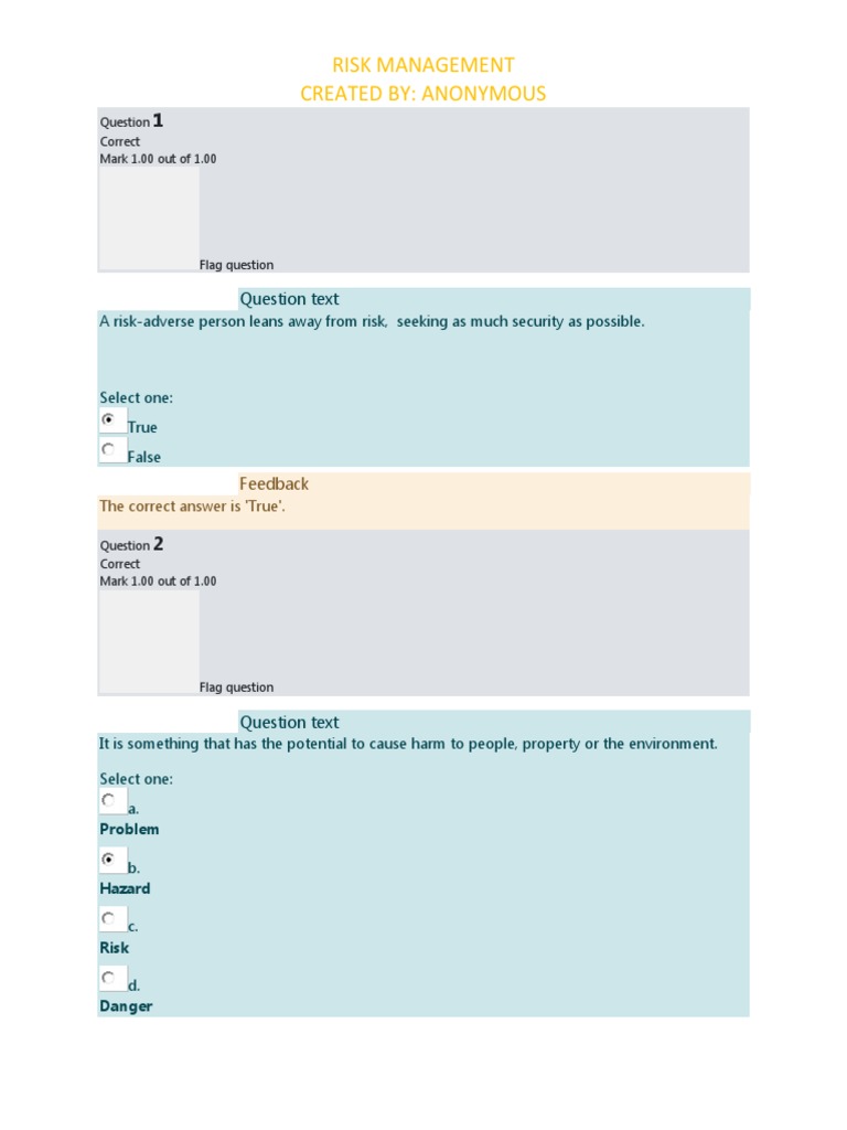 Risk Management Quiz1-Finals | PDF | Risk | Risk Management
