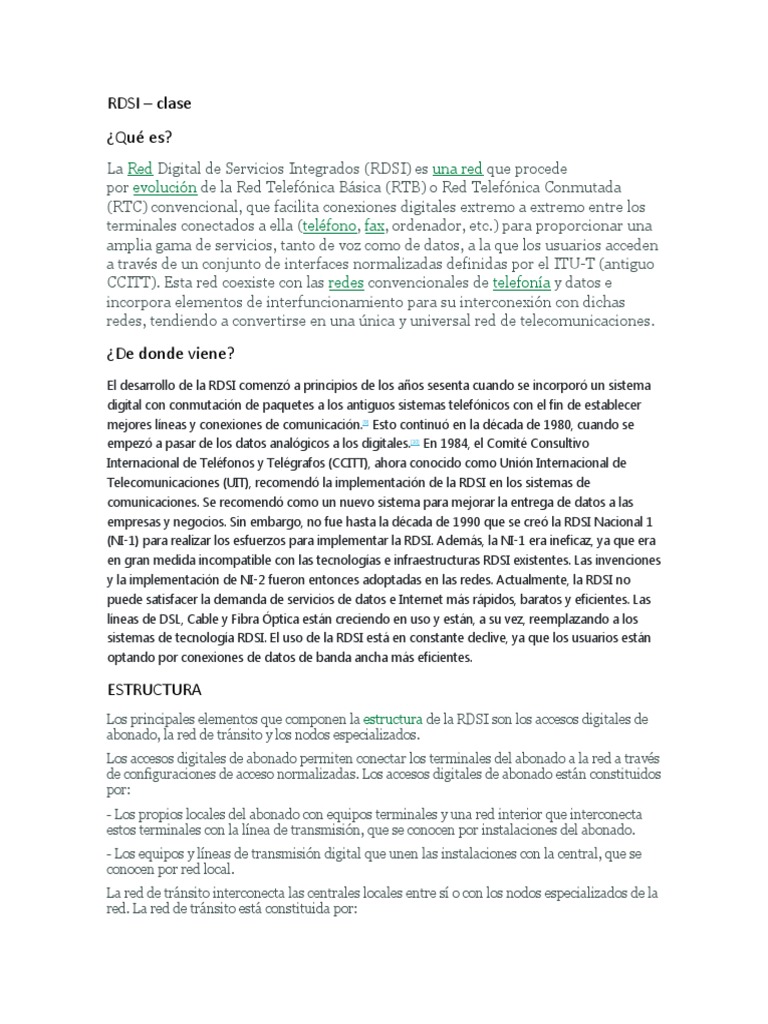 Evolución y Estructura de la RDSI | PDF | Red Telefónica Conmutada ...