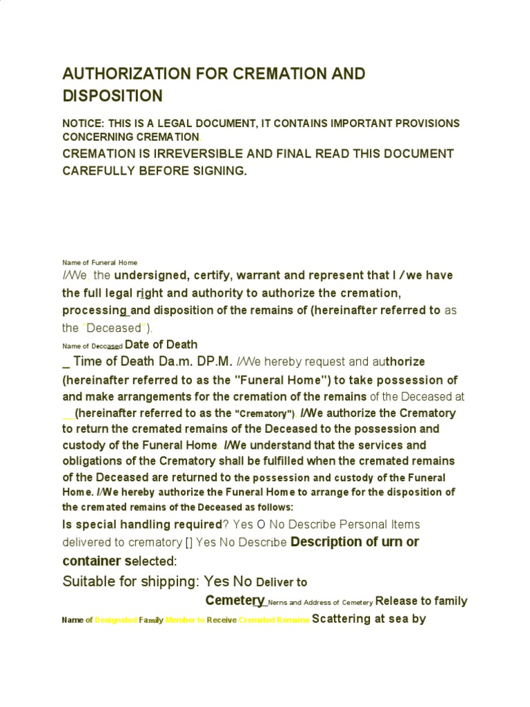 Cremation Authorization New | PDF | Cremation | Funeral