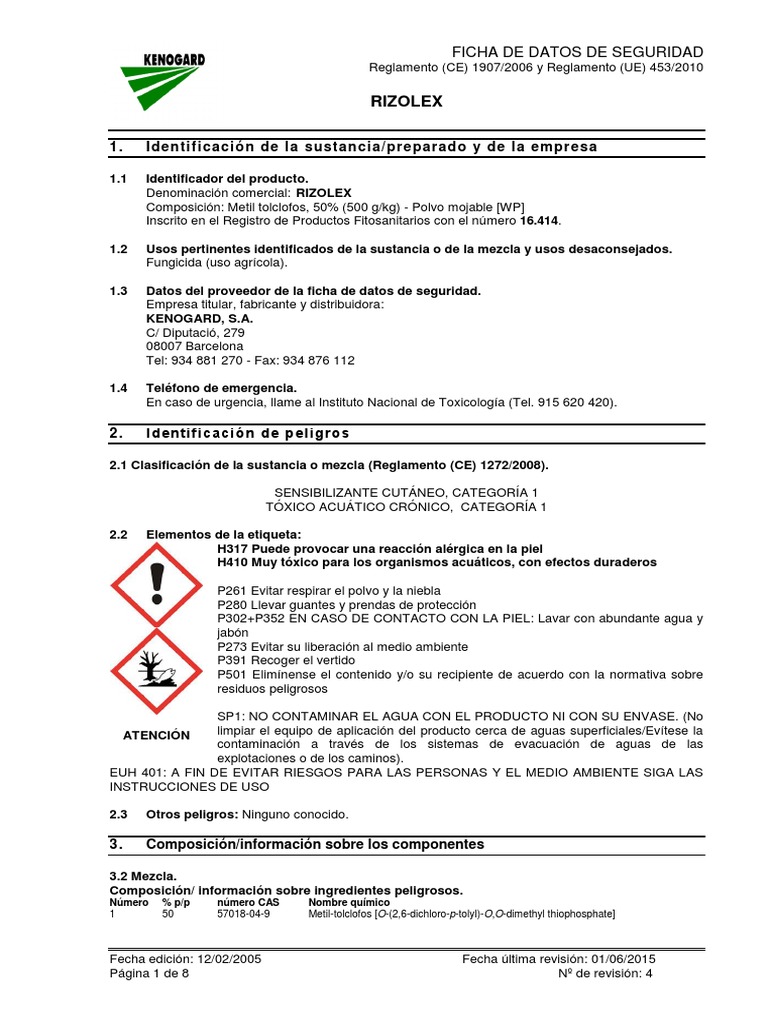 Rizolex: 1. Identificació N de La Sustan Cia/pre para Do y de La Empr ...