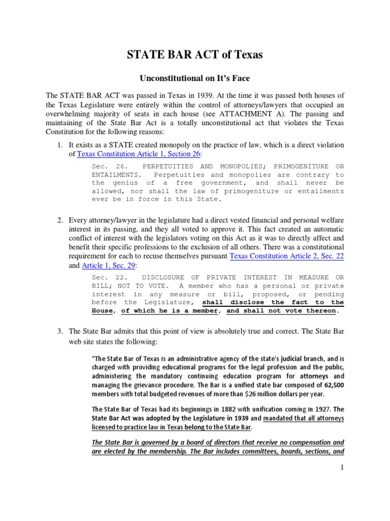 Texas State Bar Act of 1939 (Texas) Is Unconstitutional (Eddie Craig ...