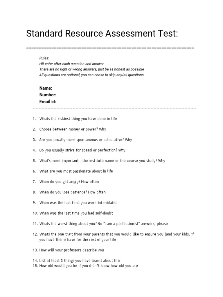 Standard Resource Assessment Test PDF