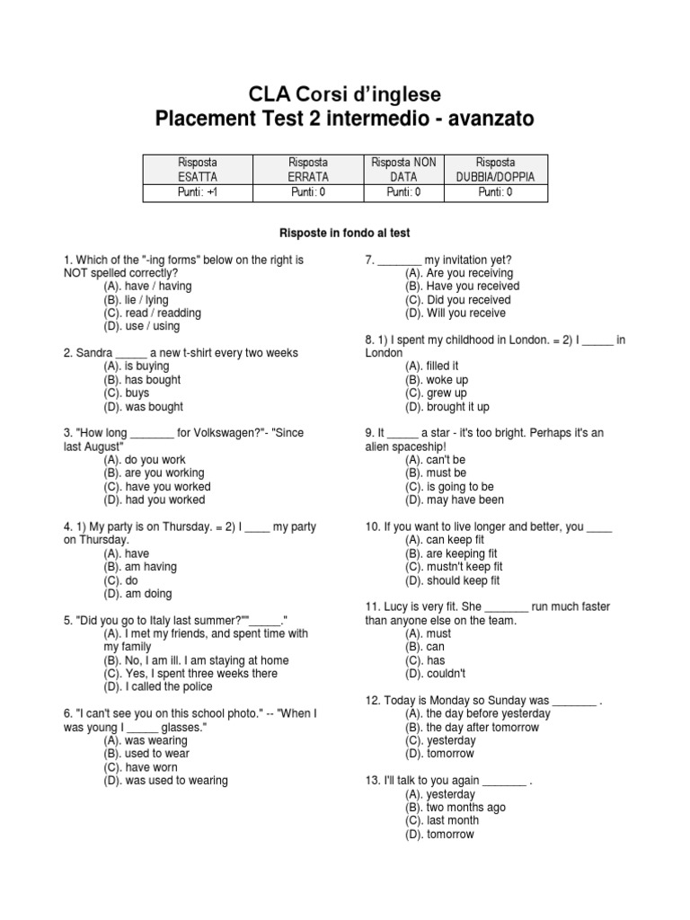 CLA Corsi D'inglese Placement Test 2 Intermedio - Avanzato | PDF | Referee