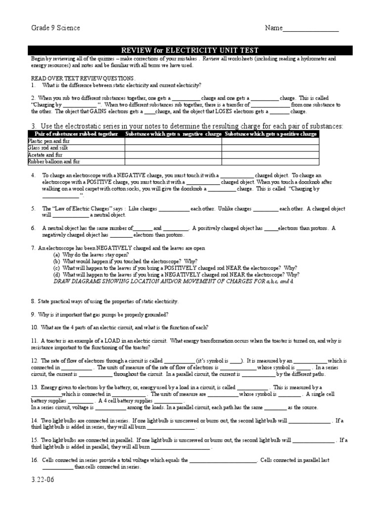 Grade 9 Electricity Test Review | PDF | Series And Parallel Circuits ...