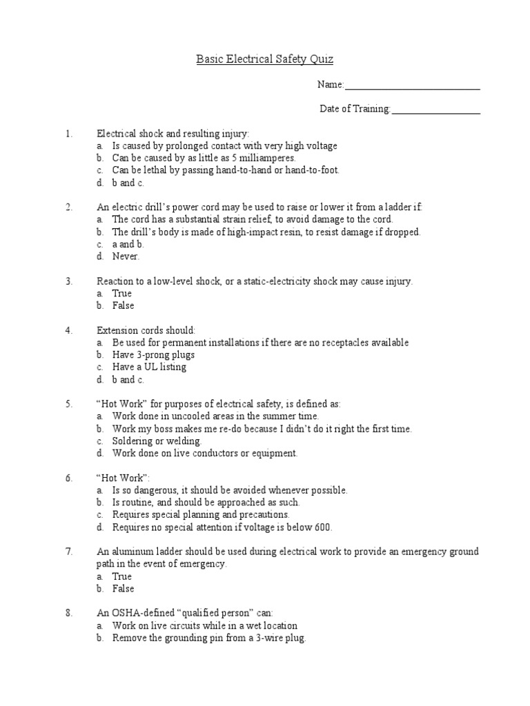 Electrical Safety Quiz Questions | PDF | Home & Garden | Science ...