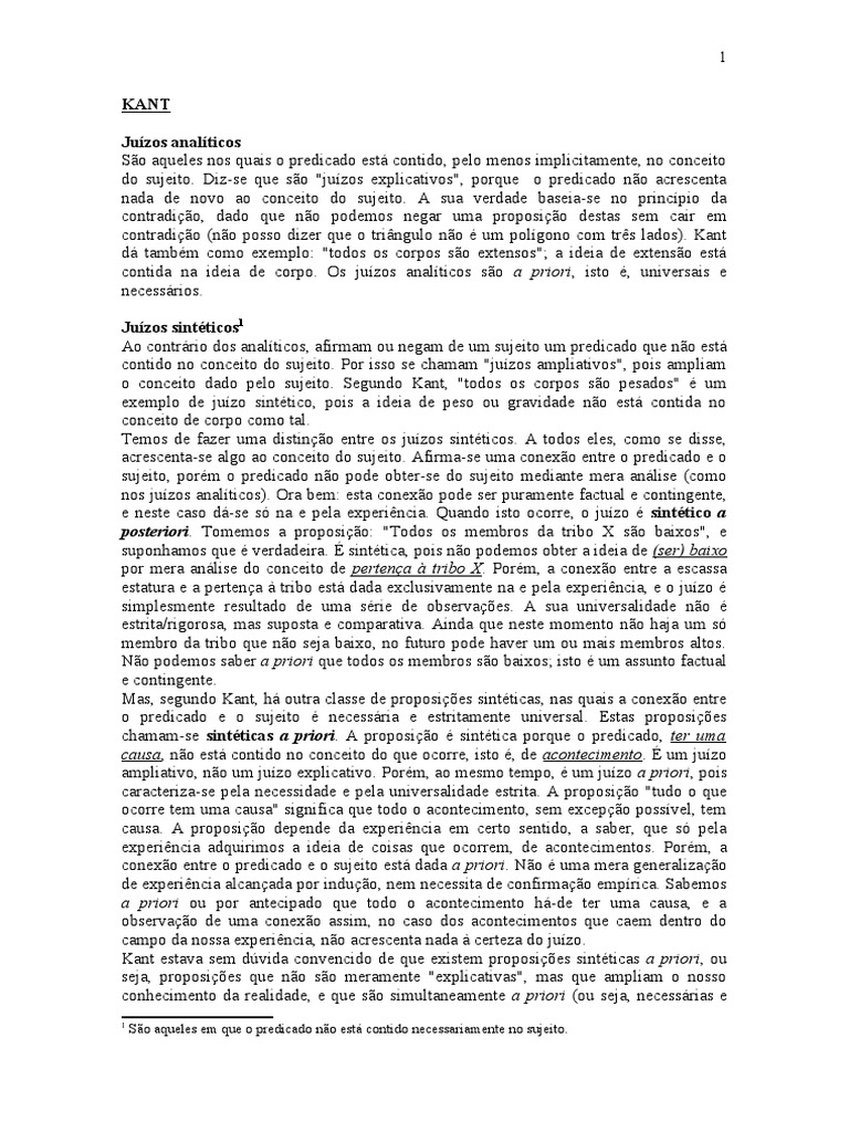 Juízos Sintéticos e Analíticos em Kant | PDF | A priori e a posteriori ...