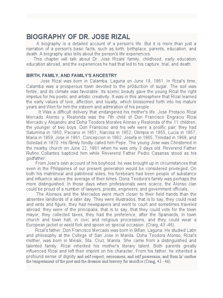 Biography of Dr. Jose Rizal: Birth, Family, and Family'S Ancestry | PDF ...