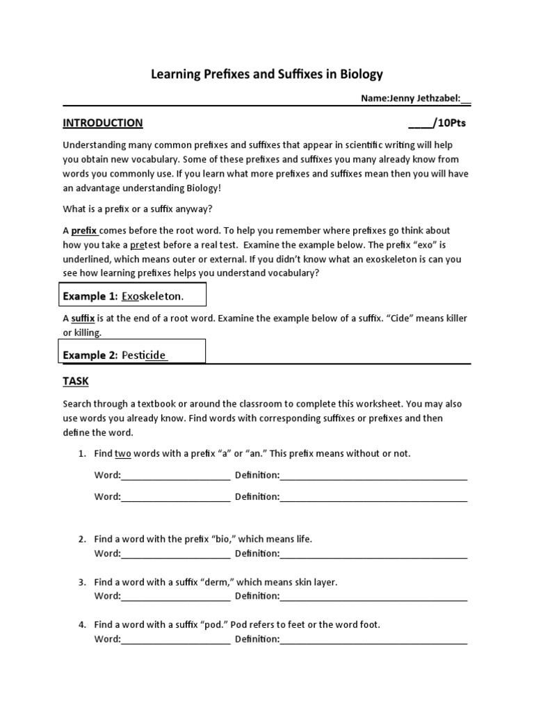 Learning Prefixes and Suffixes in Biology: Name:Jenny Jethzabel | PDF ...