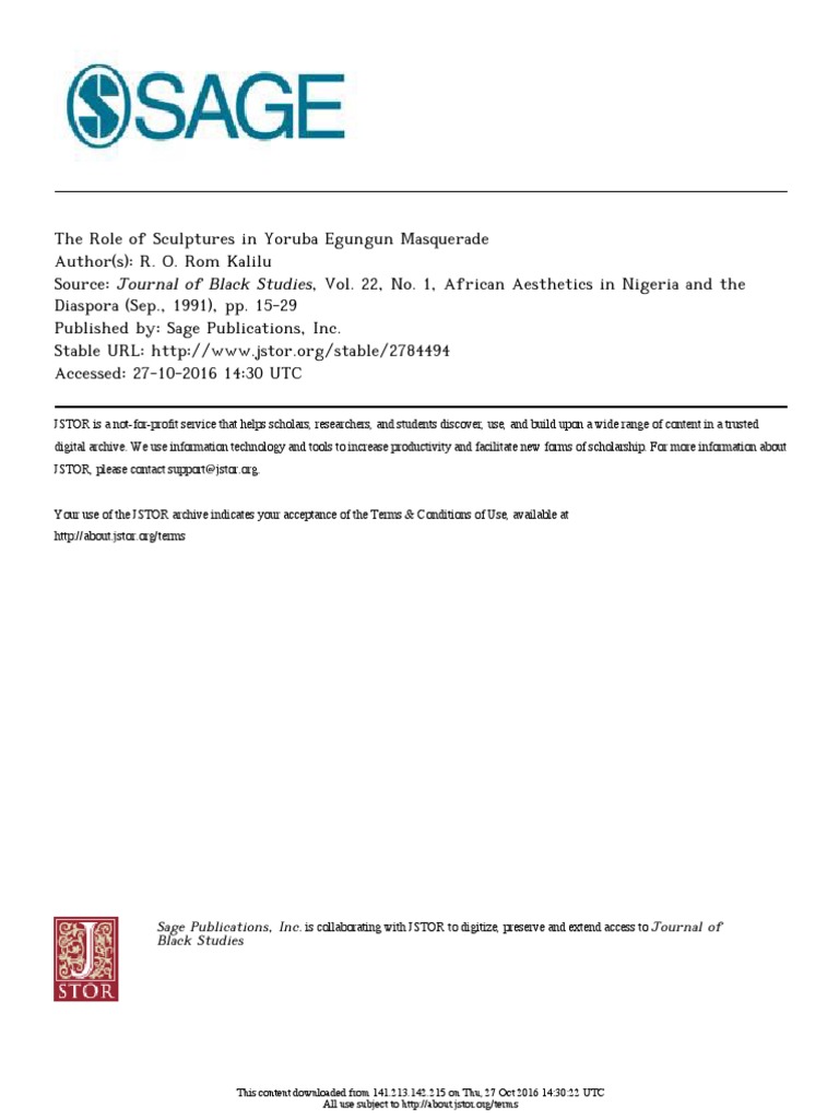 Kalilu Role of Sculptures in Yoruba Egungun Masquerade | PDF | Mask ...