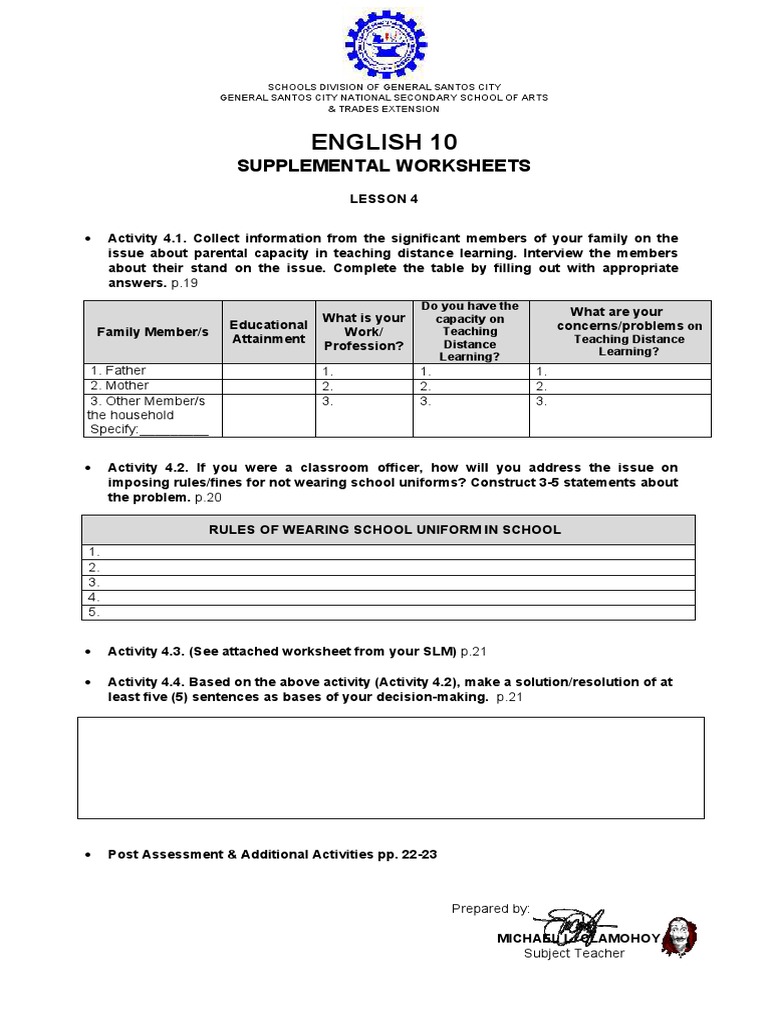 English 10 Module 1 Lesson 4 Worksheets | Download Free PDF | Human ...