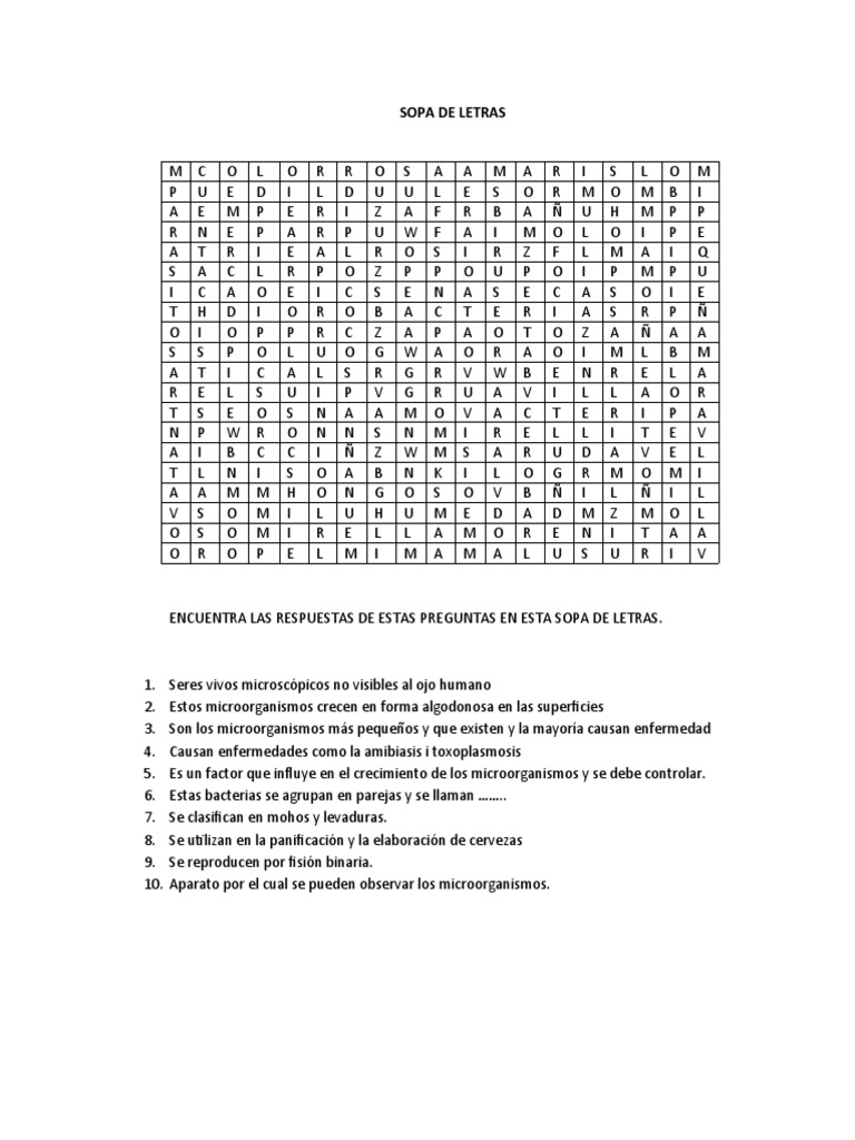 Sopa de Letras: Microorganismos y Bacterias | PDF | Microorganismo ...