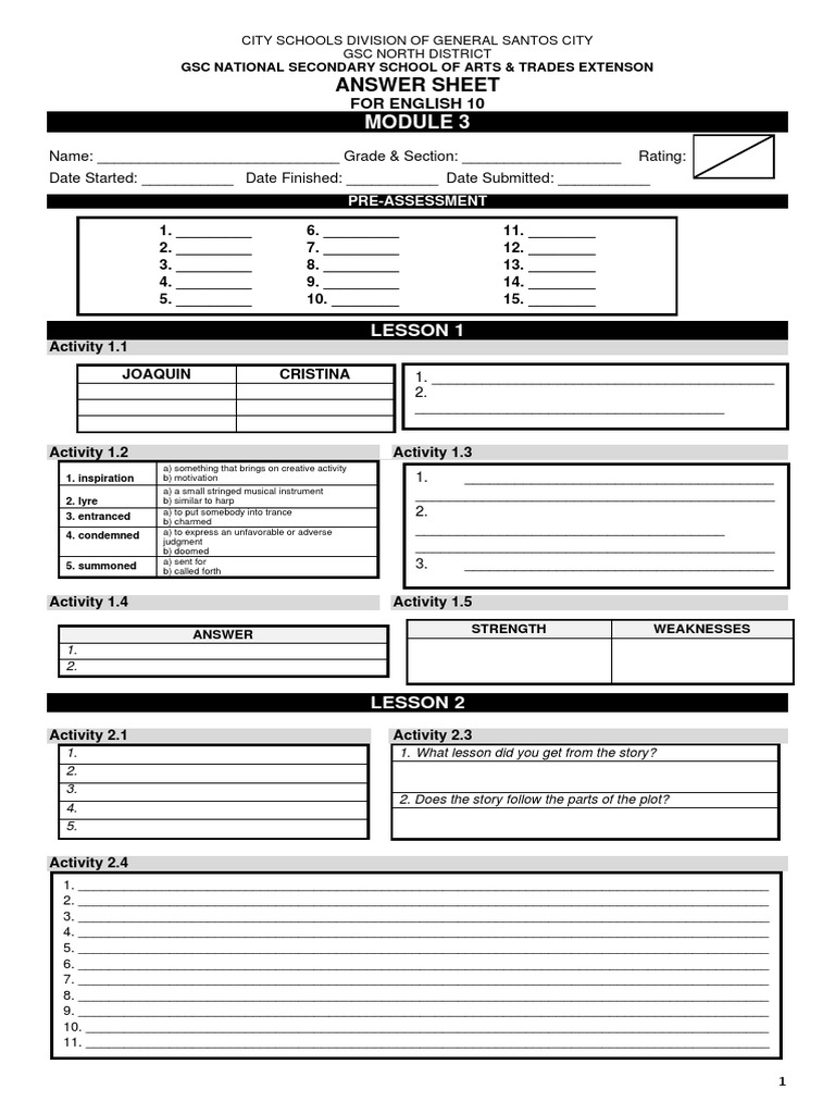 Eng10 Mod3 Answer Sheet | PDF | Orpheus