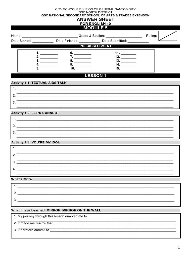 Eng10 - Mod5 - Answer Sheet | PDF | Human Nature | Cognition