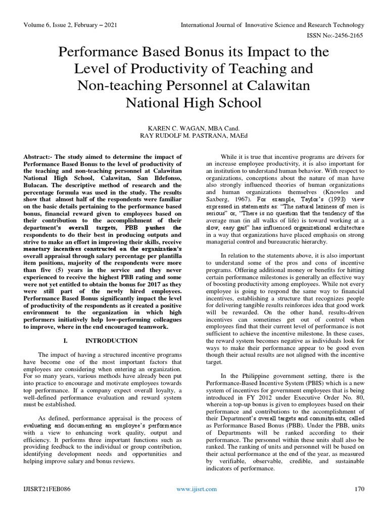 Performance Based Bonus Its Impact To The Level of Productivity of ...
