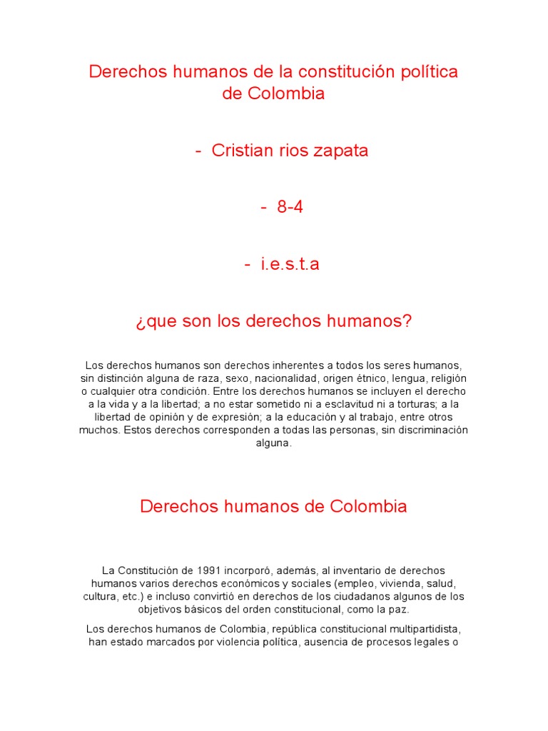 Derechos Humanos De La Constitución Política De Colombia Pdf