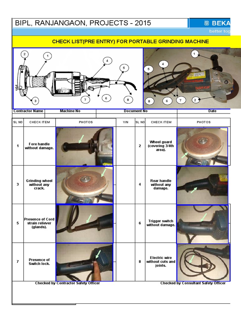 Check List (Pre Entry) For Portable Grinding Machine | PDF | Industrial ...