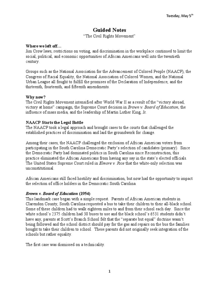 Civil Rights Movement Guided Notes Completed | PDF | Brown V. Board Of ...