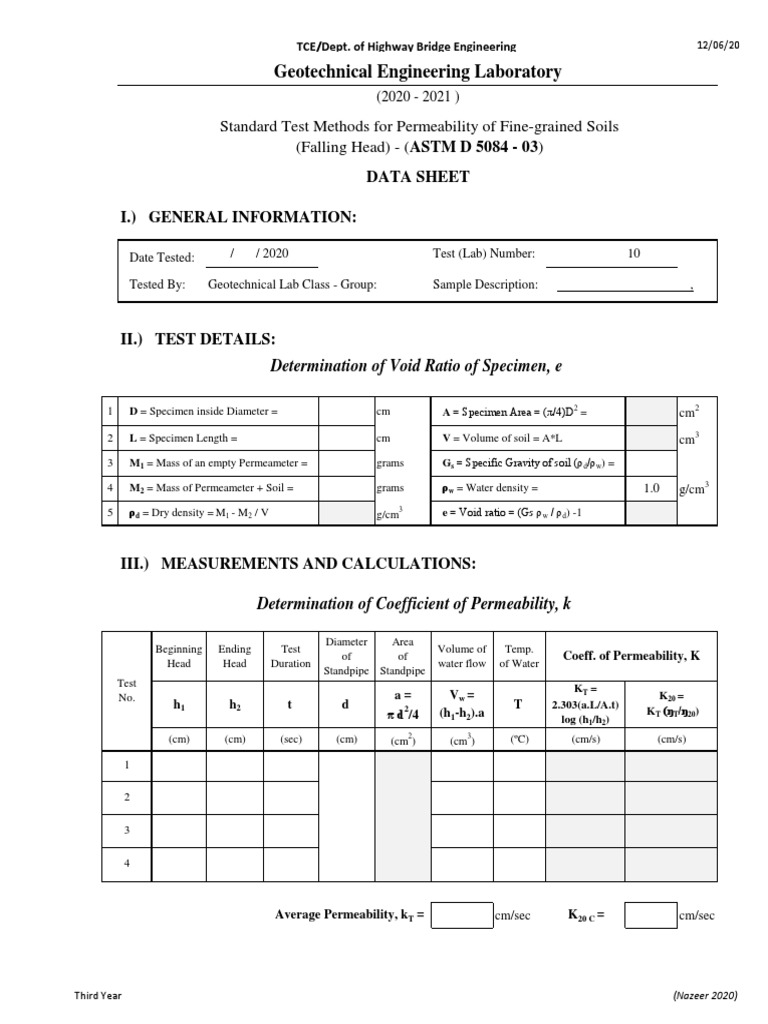 (20-21) Lab #10 FH Permeability Data Sheet | PDF | Density | Metrology