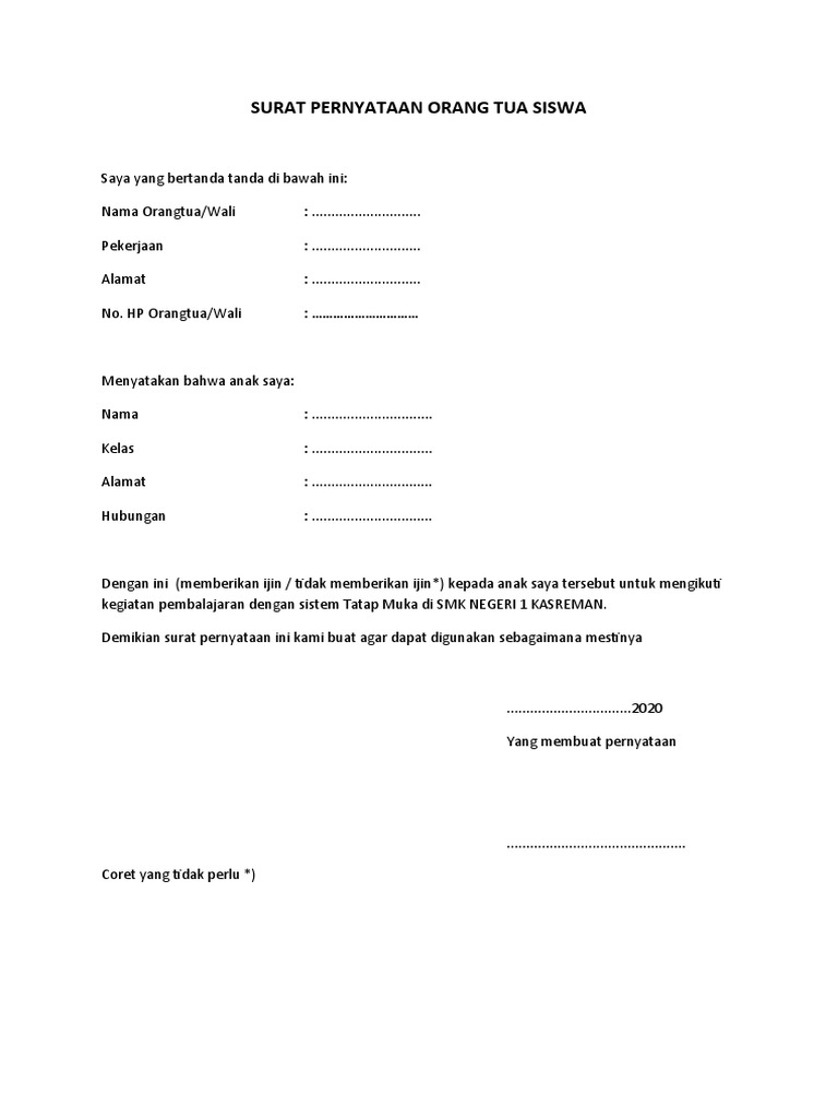 Edit Surat Pernyataan Orang Tua Siswa Dan Komite | PDF